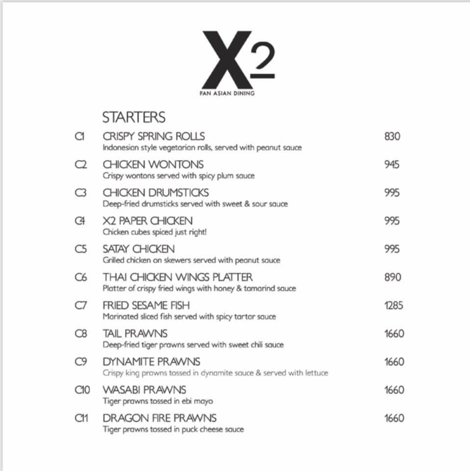 X2 Pan Asian Dining Menu Food Pakistan