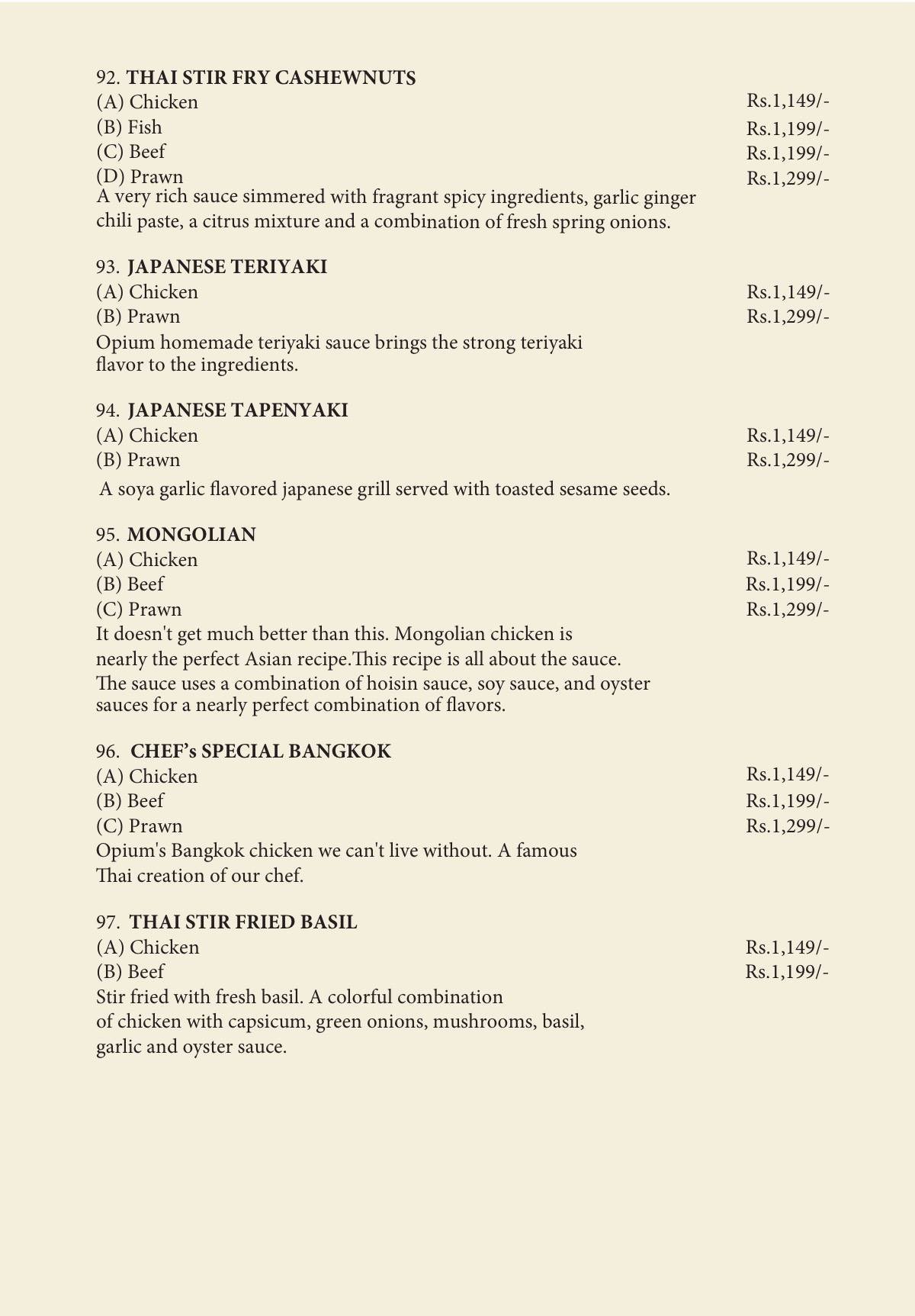 Opium Thai Menu - Food Pakistan