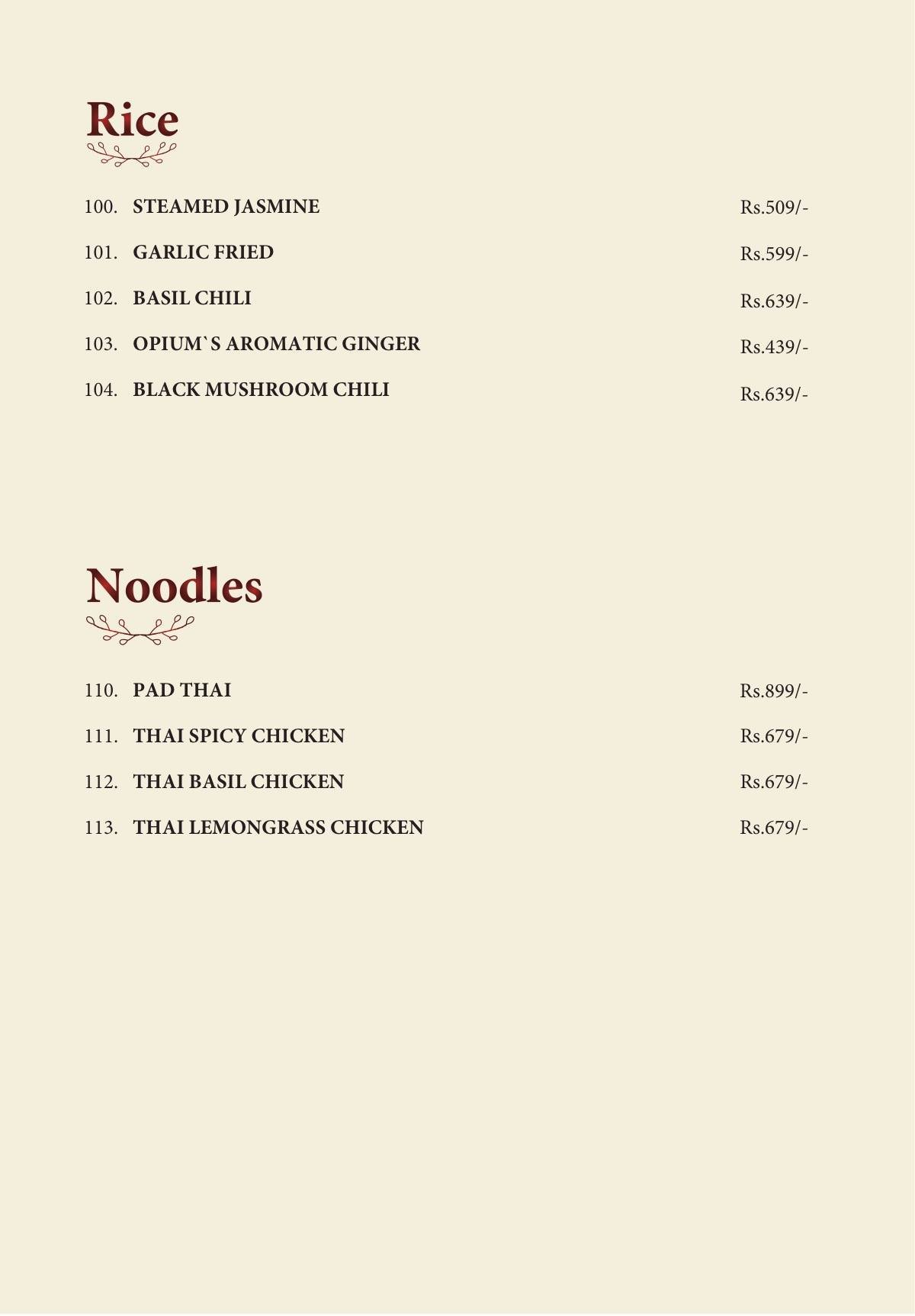 Opium Thai Menu - Food Pakistan