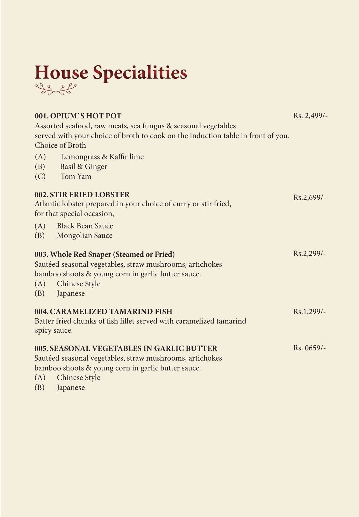 Opium Thai Menu - Food Pakistan