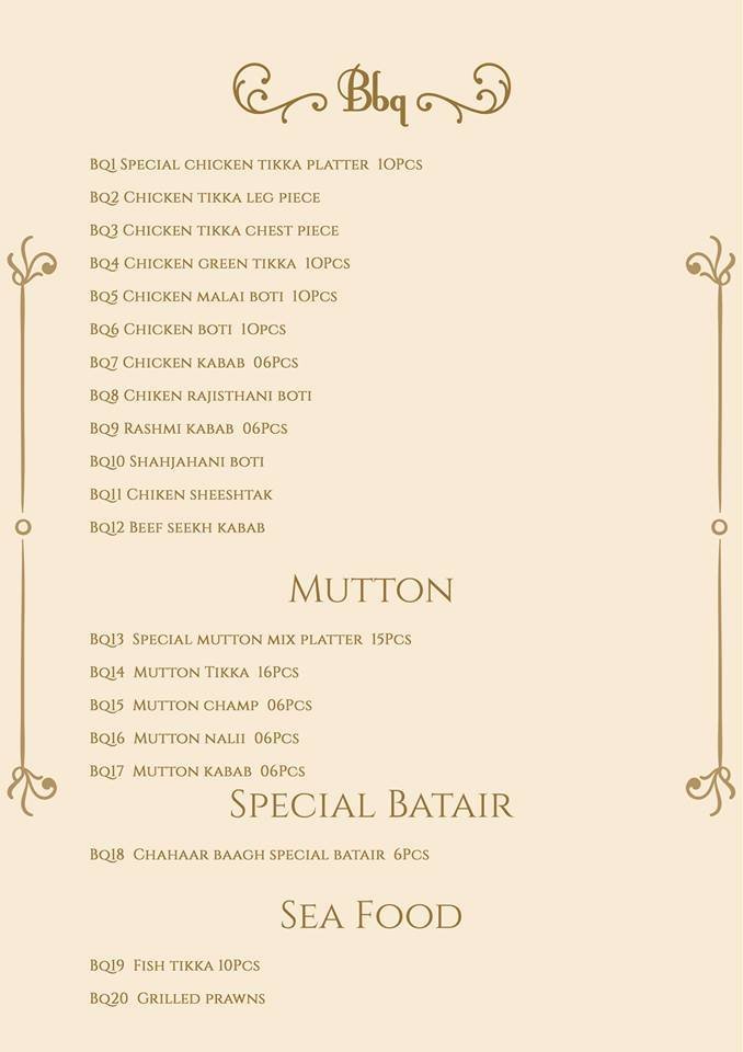 Chahaar Baagh Menu - Food Pakistan