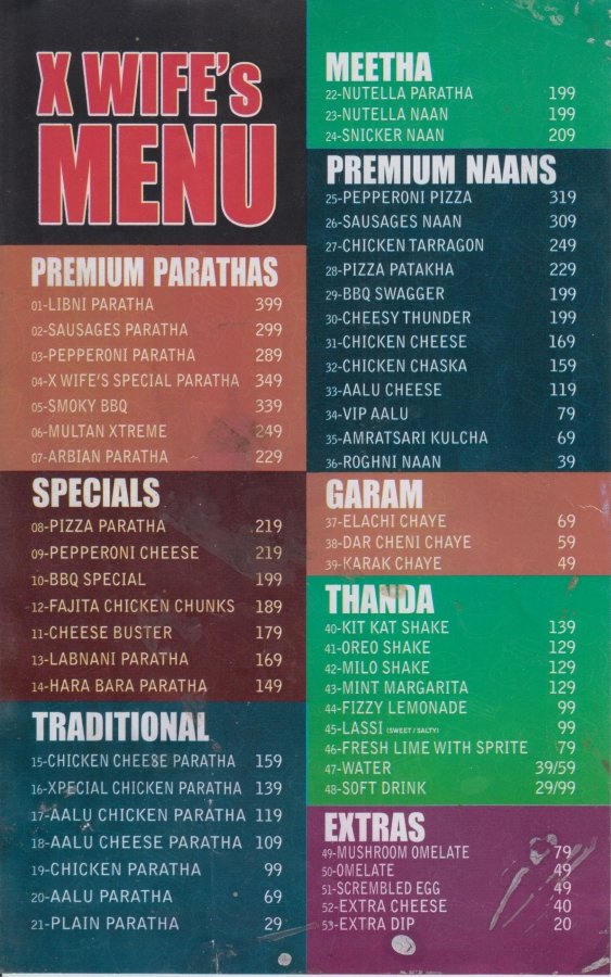 X wife the Cafe Menu - Food Pakistan