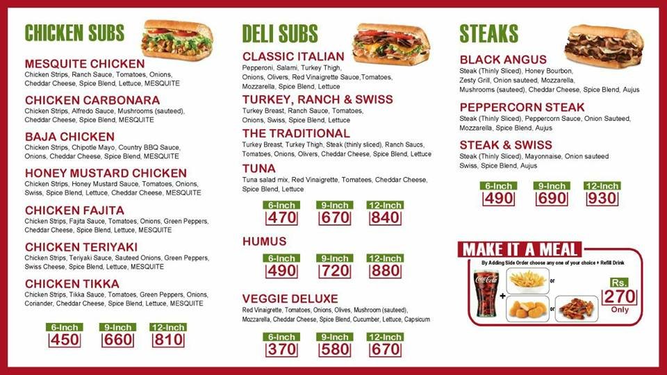 Quiznos Sub Menu - Food Pakistan