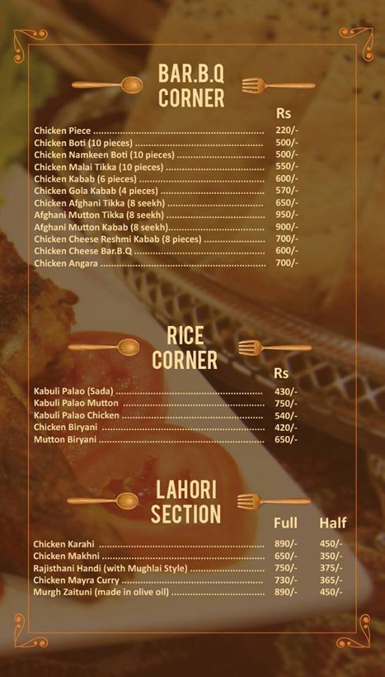 Qabail Menu - Food Pakistan
