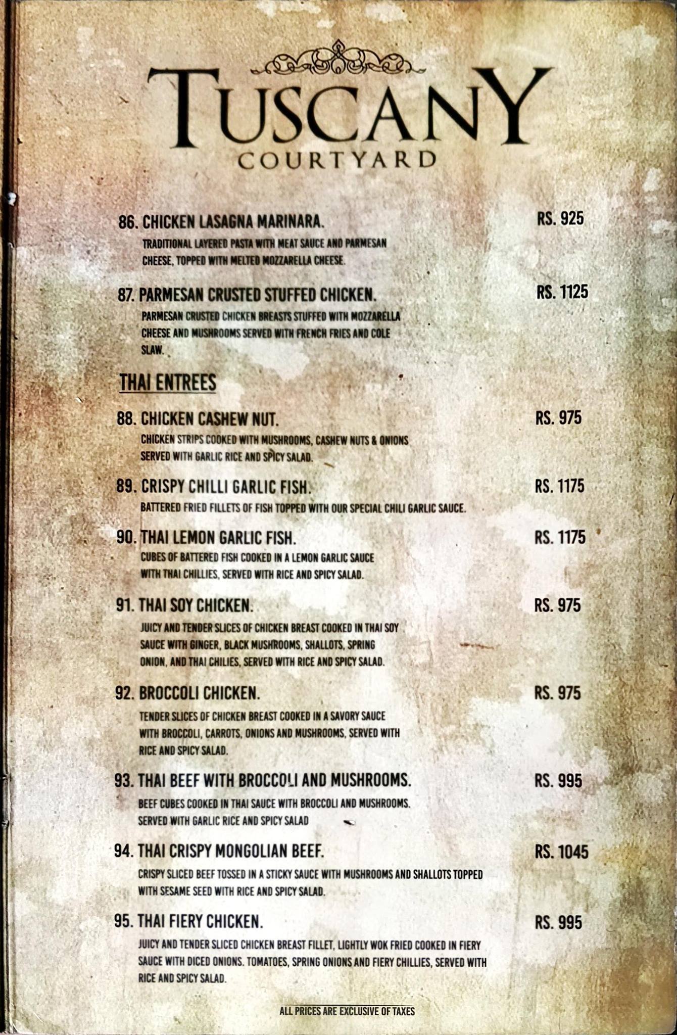 Tuscany Courtyard-Lahore Menu - Food Pakistan
