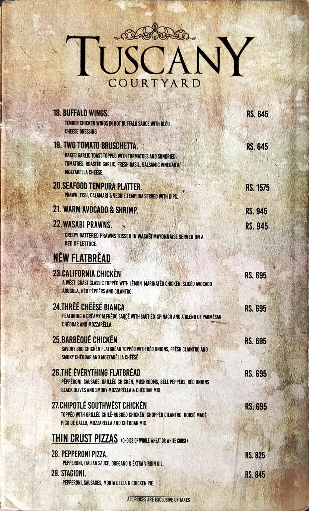 Tuscany Courtyard-Lahore Menu - Food Pakistan