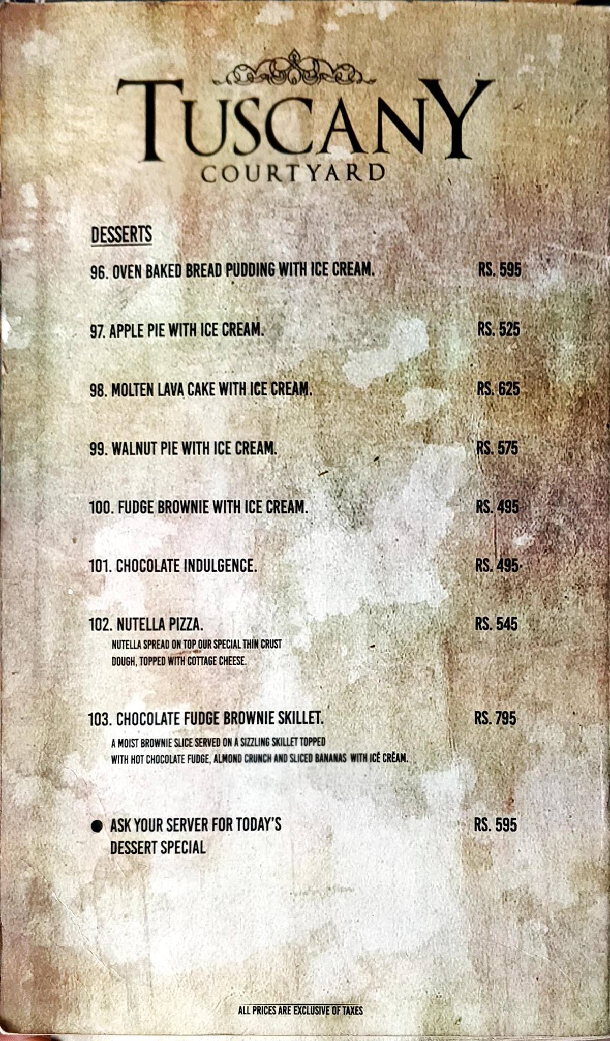Tuscany Courtyard-Lahore Menu - Food Pakistan