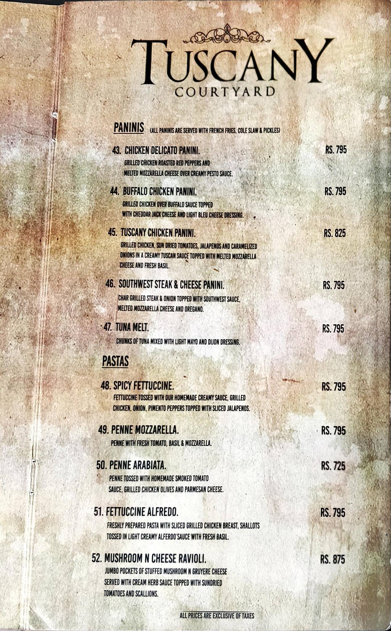 Tuscany Courtyard-Lahore Menu - Food Pakistan