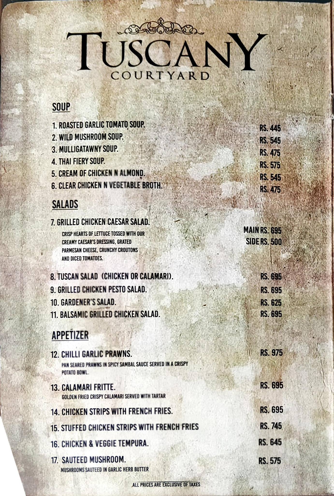 Tuscany Courtyard-Lahore Menu - Food Pakistan