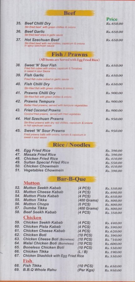 Sultan Grand Menu - Food Pakistan