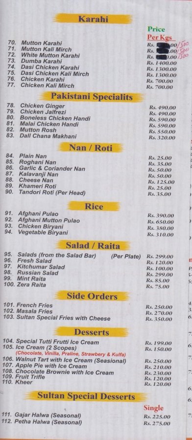 Sultan Grand Menu - Food Pakistan