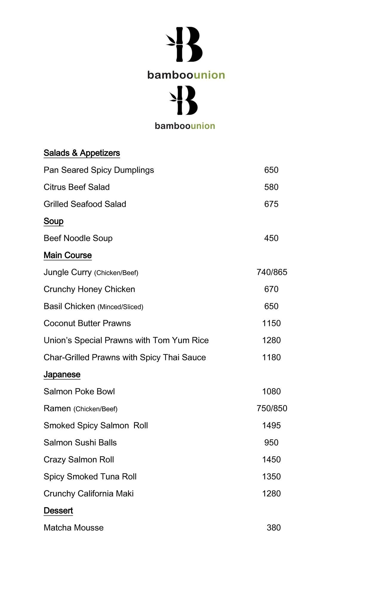 Bamboo Union Menu - Food Pakistan