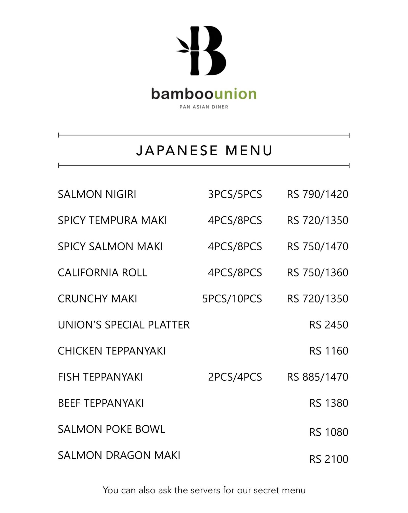 Bamboo Union Menu - Food Pakistan